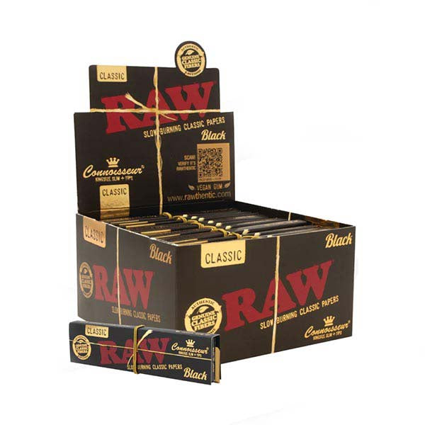 RAW Black Connoisseur Kingsize Rolling Papers + Tips (Box of 24) — Grow ...